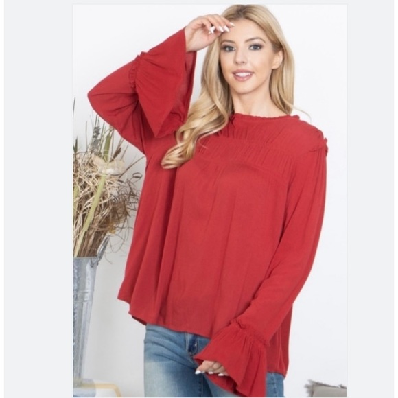 easel | Tops | Easel Cherry Merrow Detail Bell Sleeve Ruffle Blouse ...